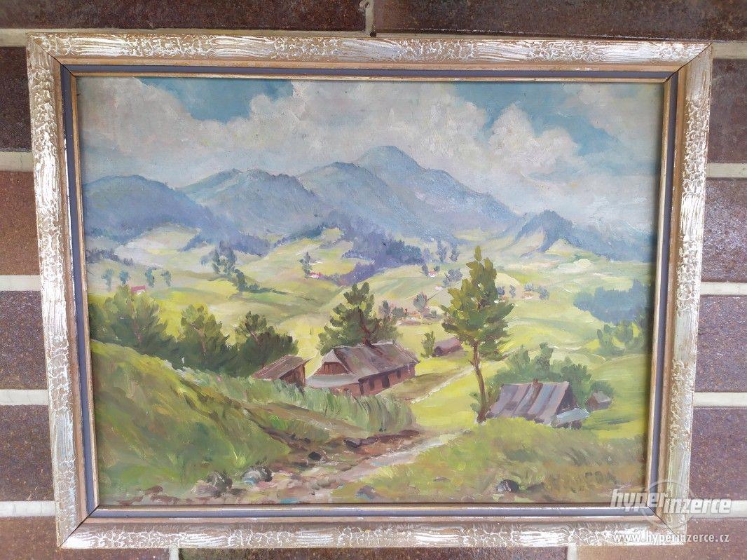 Obraz originál krajina hory kopce lesy chalupy olej - bazar ...