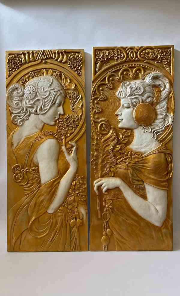 Secese - velké párové obrazy zlato bílé - bazar - Hyperinzerce.cz