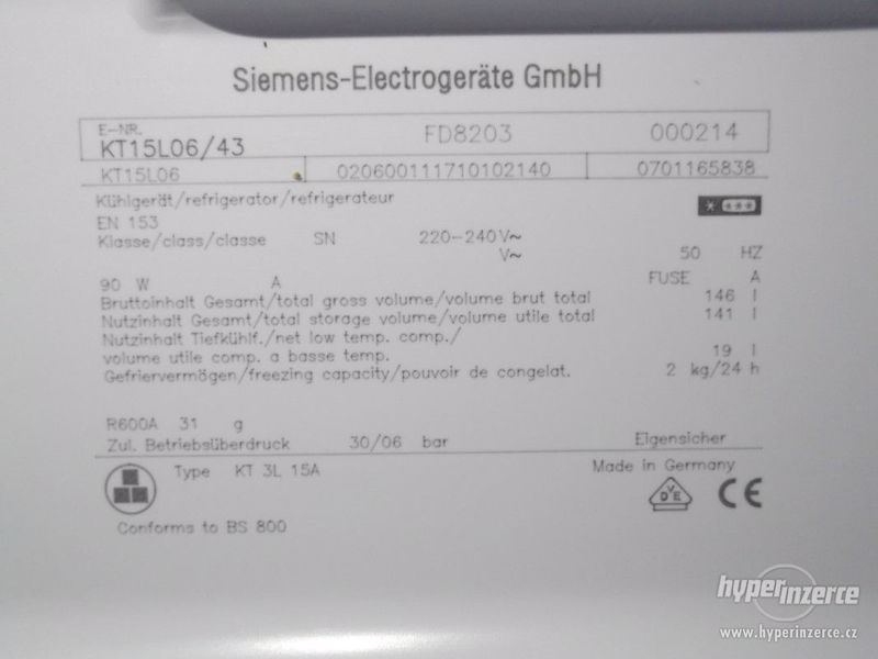 SIEMENS MALÁ MODERNÍ LEDNIČKA-146L,SKLO POLICE,tř.A+,MRAZÁK - bazar ...