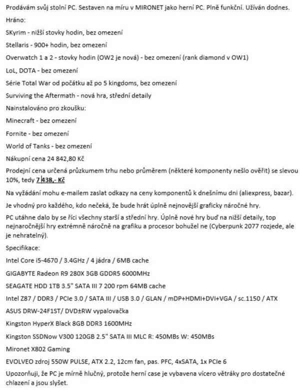 Prodej Herního PC - bazar - Hyperinzerce.cz